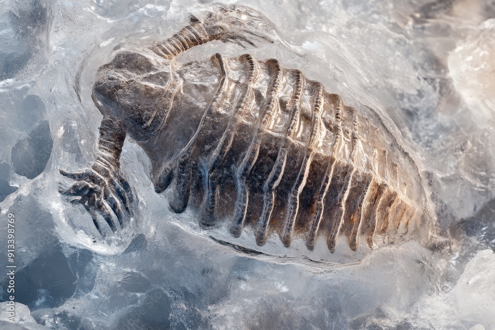 Portrait of a trilobite fossil embedded in ice, showcasing its ancient ...