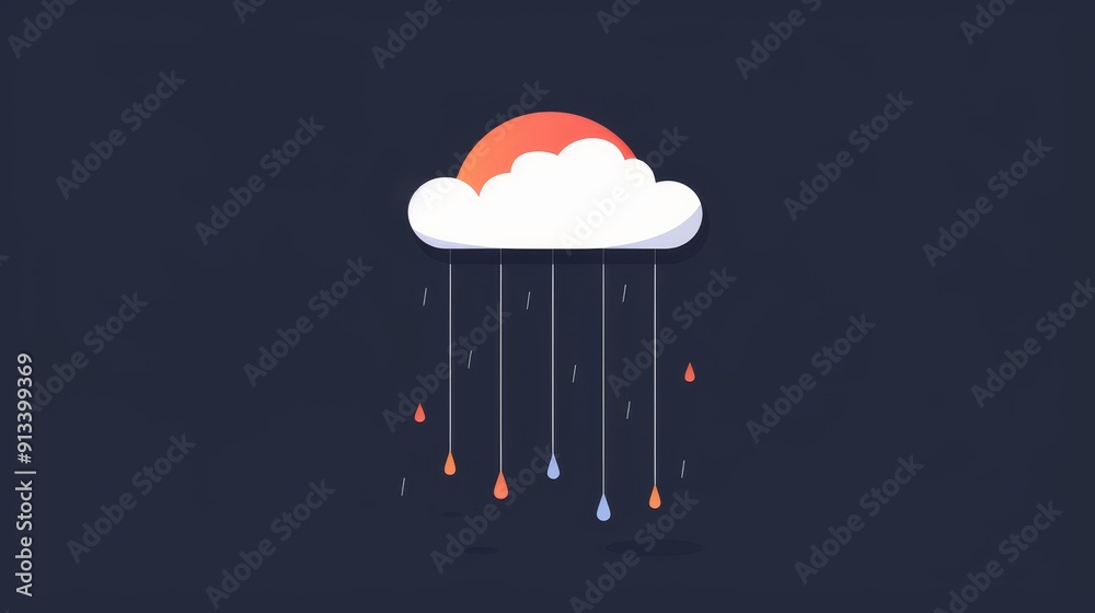 Clean and basic 2D vector art of a cloud raining, emphasizing ...