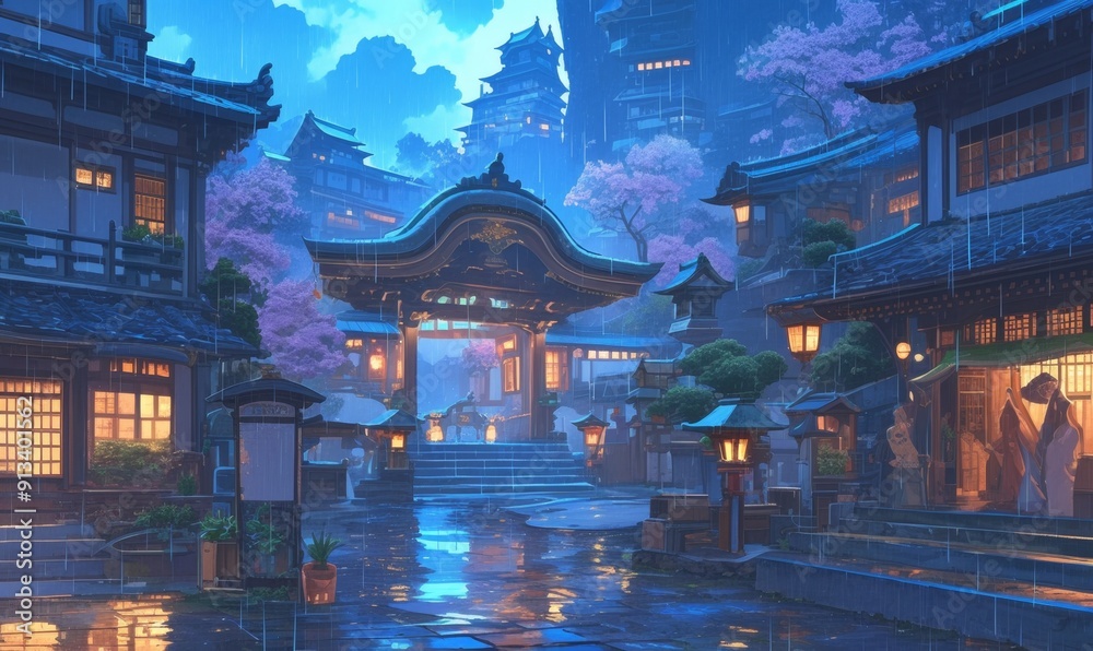 Enchanting Anime-Inspired Rainy Night Cityscape: Atmospheric 4K Digital ...