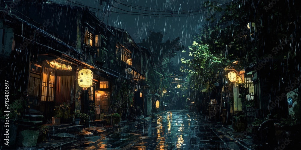 Enchanting Anime-Inspired Rainy Night Cityscape: Atmospheric 4K Digital ...