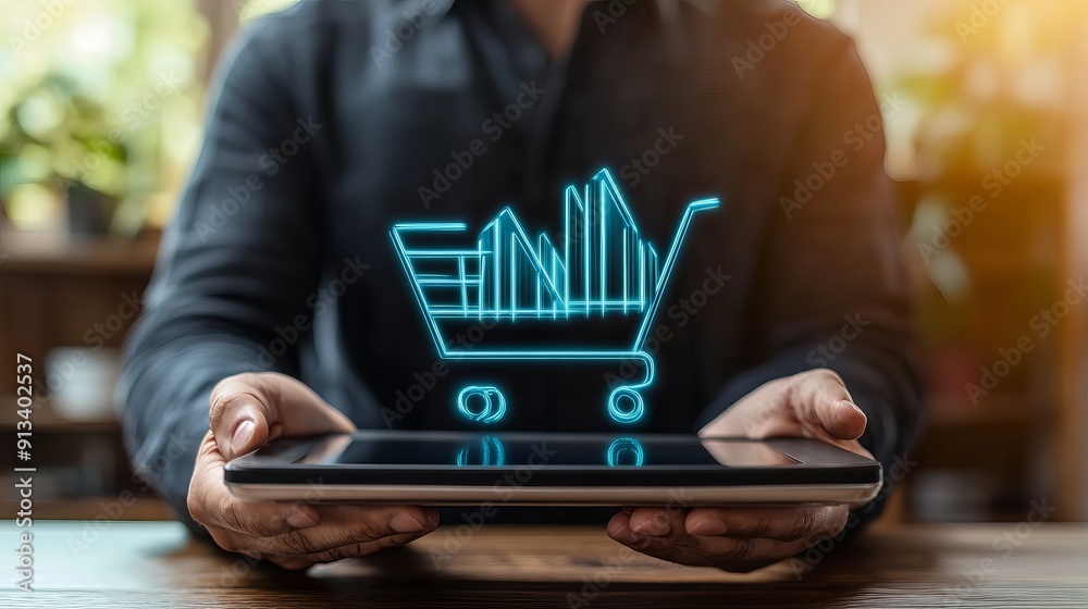 The concept of online shopping growth is illustrated by a man holding a ...