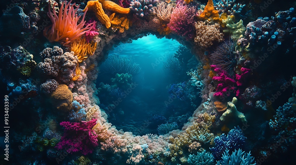 A vibrant underwater scene with a circular opening in the coral reef ...