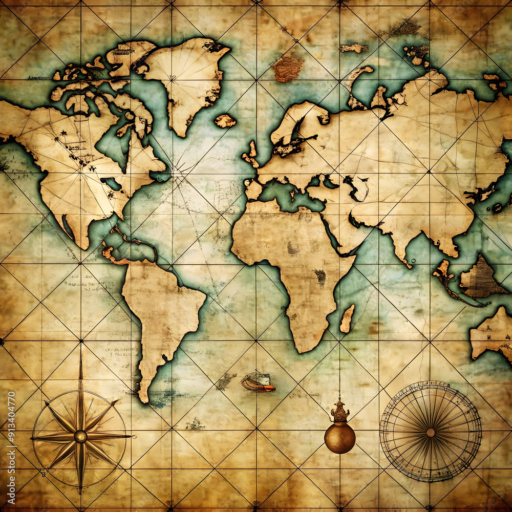 map of the world.an old nautical map background, focusing on simple ...