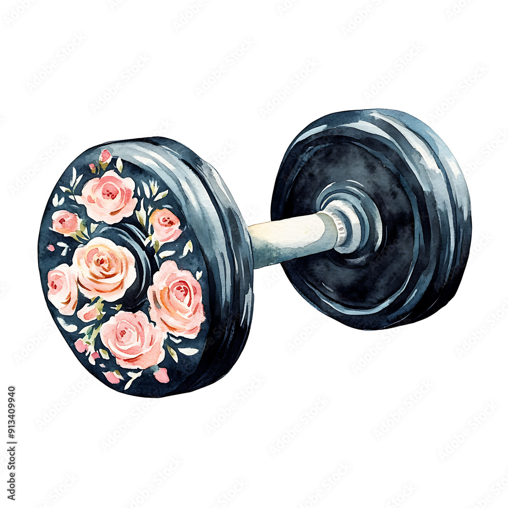 Watercolor A black and white drawing of a dumbbell with pink flowers on ...