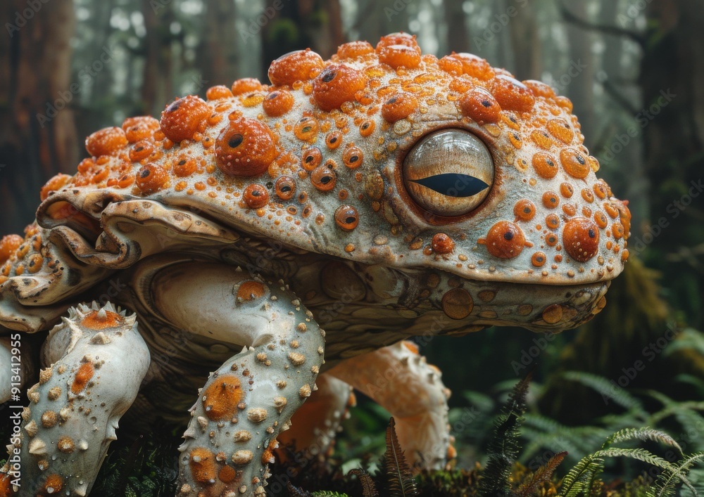A 3D rendering of a realistic toad with a bumpy, orange-spotted body ...