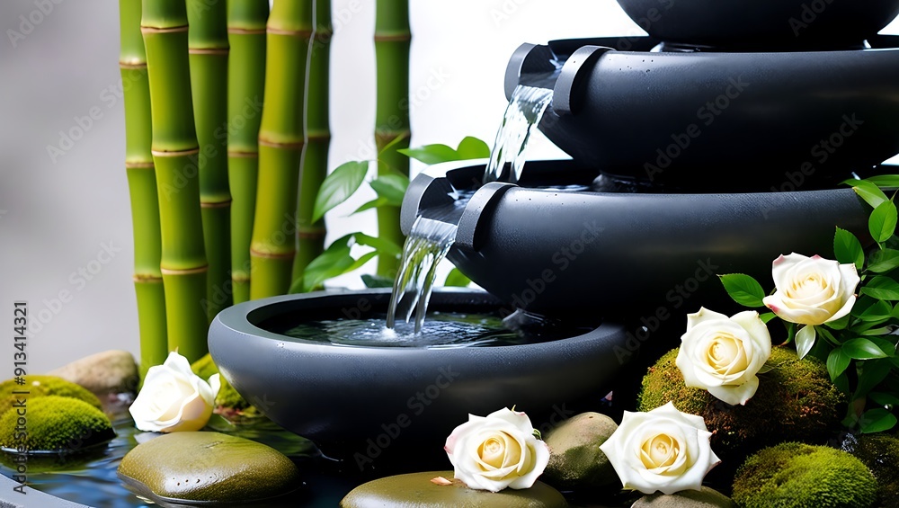 Peaceful garden scene with a water fountain, bamboo, roses, moss, and ...