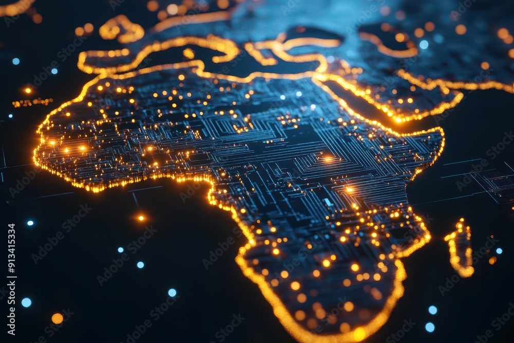 african continent as glowing circuit board interconnected cities lit up ...
