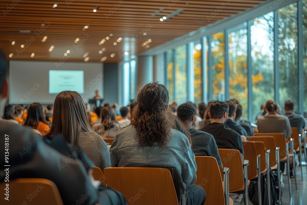 captivated audience in sleek modern conference hall rear view of ...