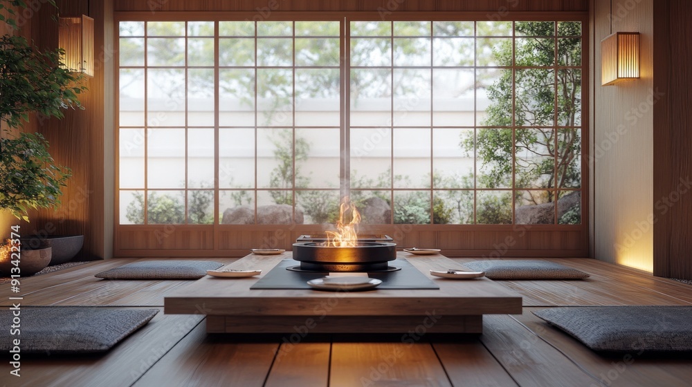 A traditional Japanese dining room setup for a yakiniku meal, with ...