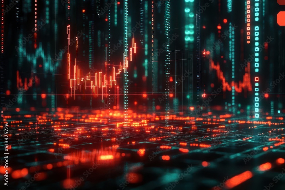 dynamic 3d visualization of stock market data with glowing red and ...