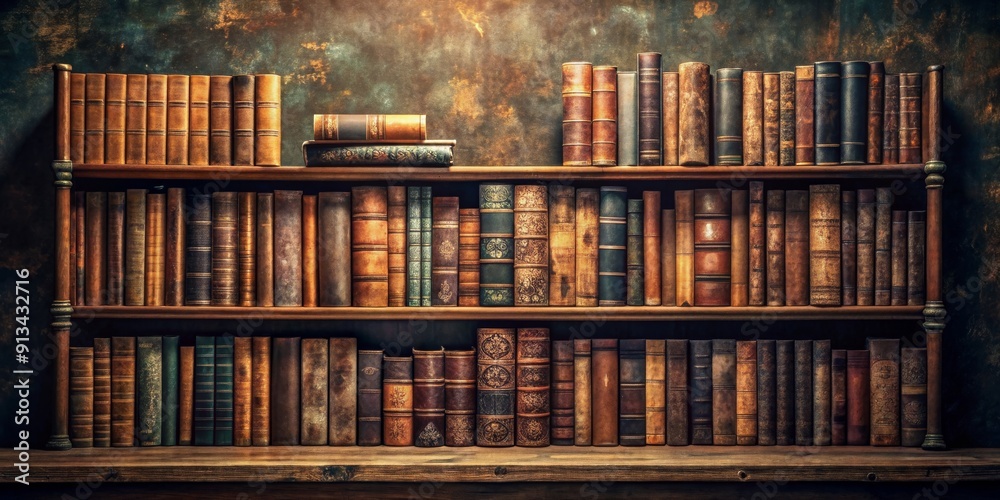 Vintage background with old books on a dark library shelf, vintage ...