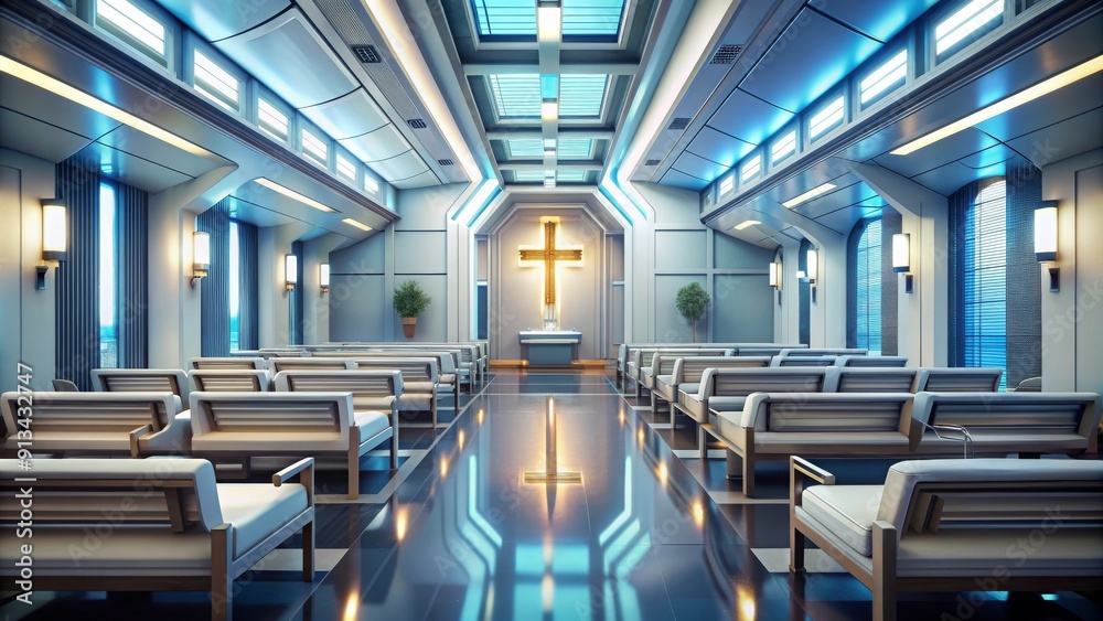 Interior of a modern space hotel church , space, hotel, futuristic ...