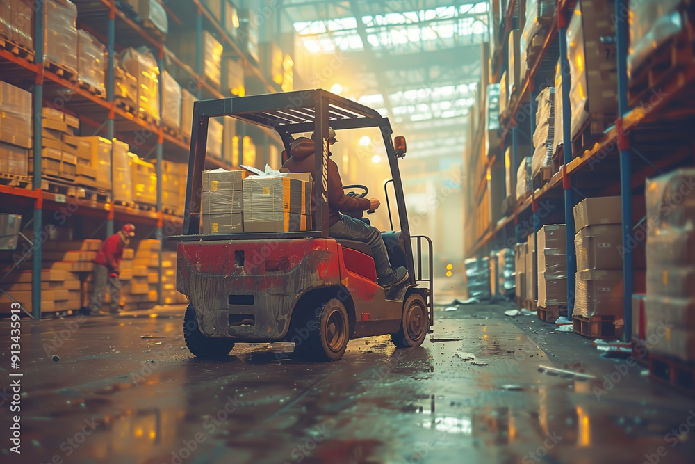 Forklift Transporting Goods in Warehouse. Forklift transporting goods ...