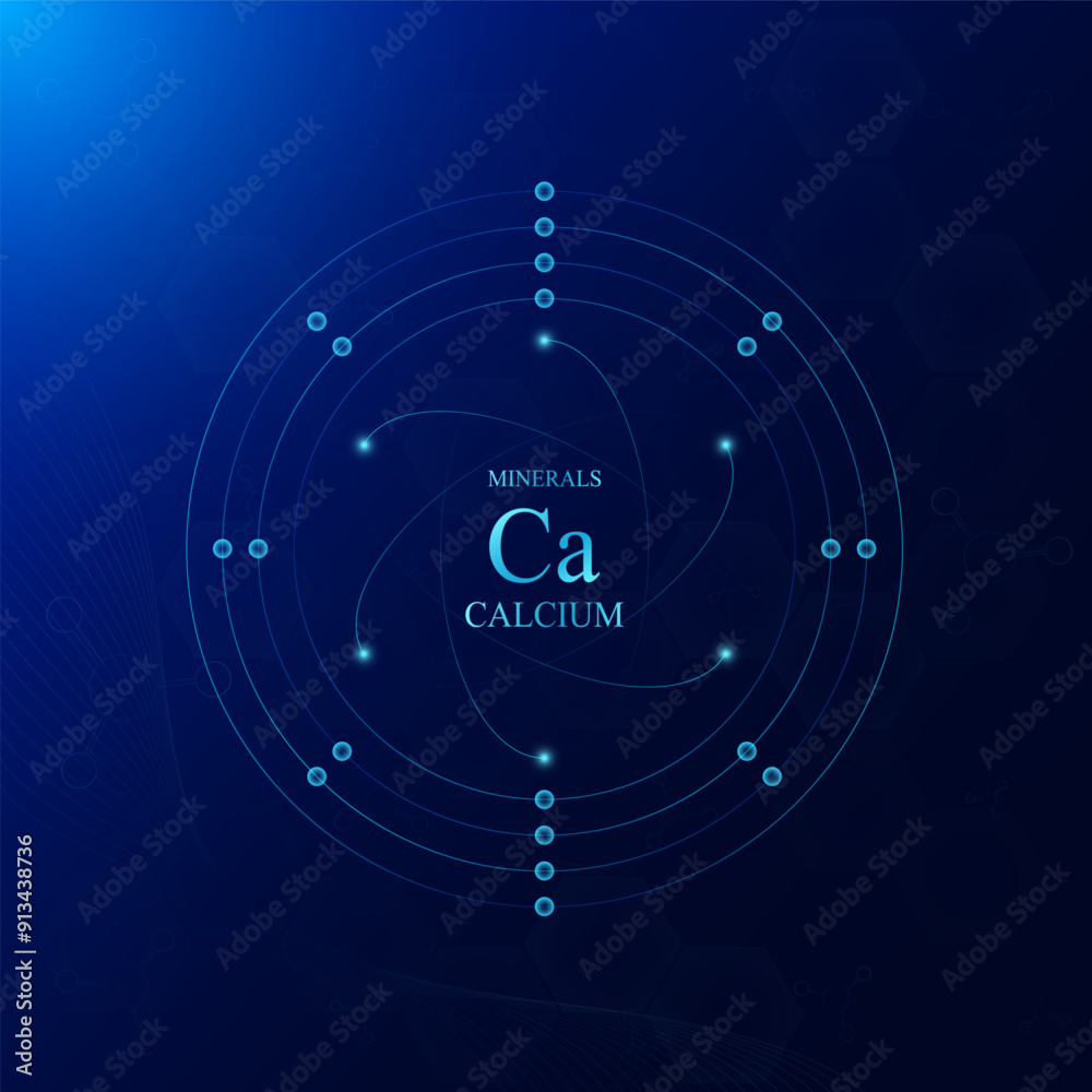 Molecular model atom chemical structure of calcium minerals. On dark ...