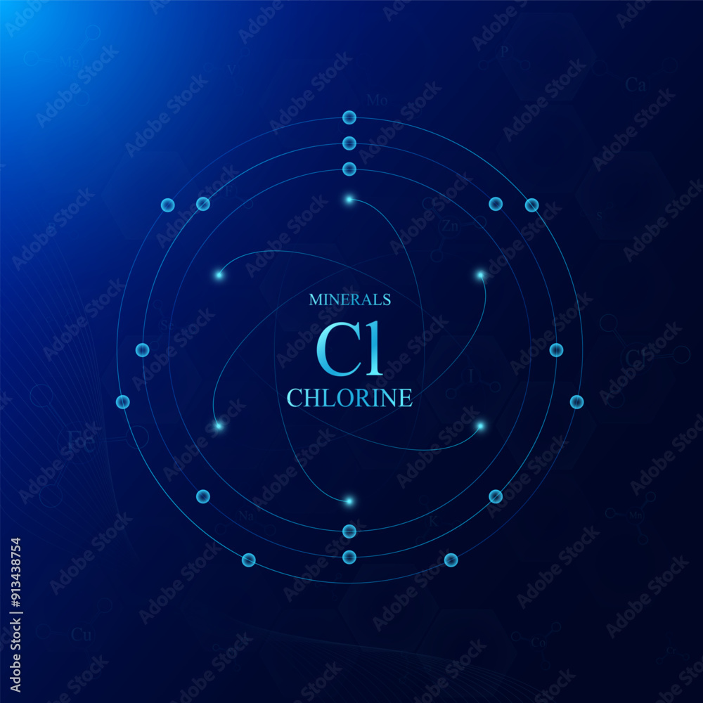 Molecular model atom chemical structure of chlorine minerals. On dark ...