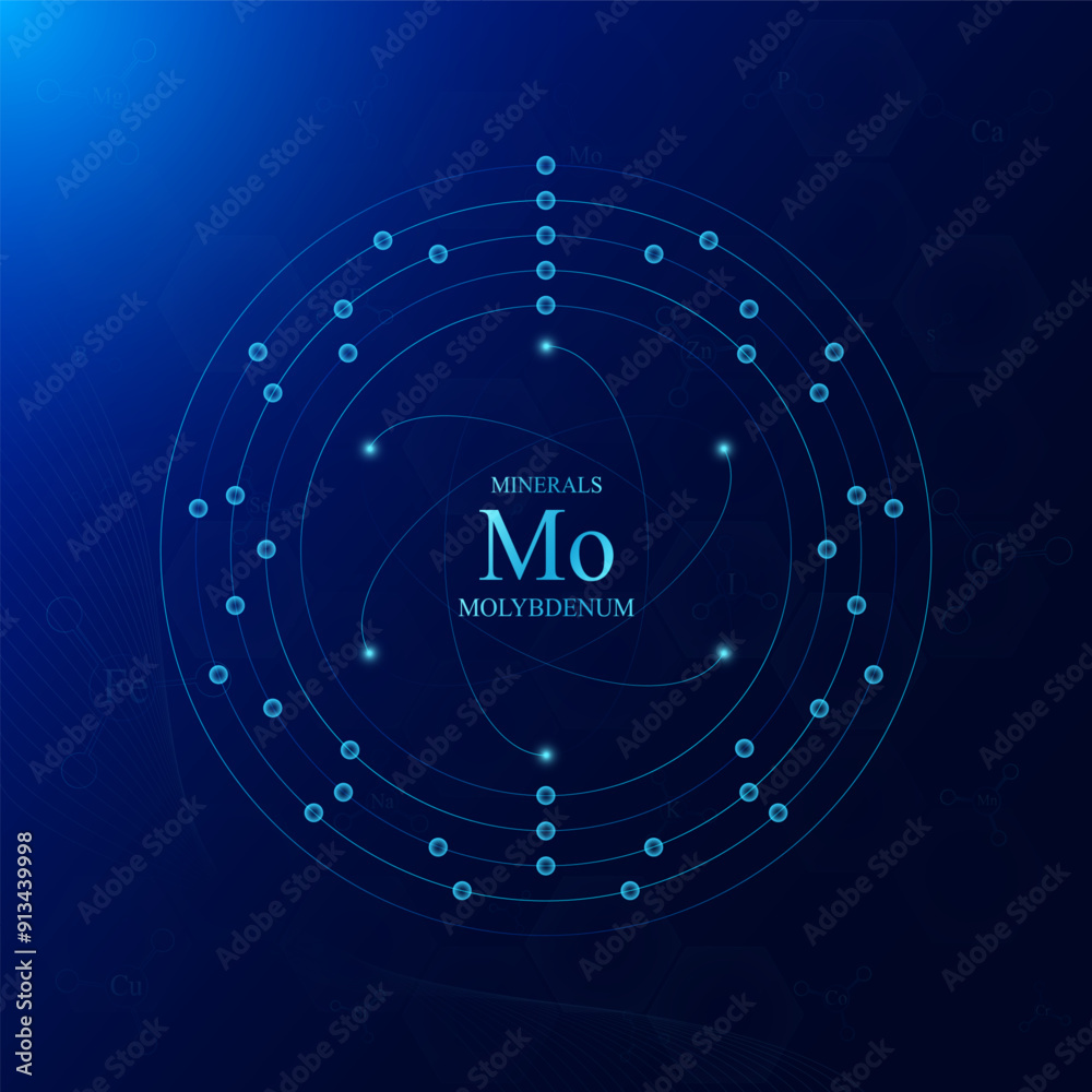Molecular model atom chemical structure of molybdenum minerals. On dark ...