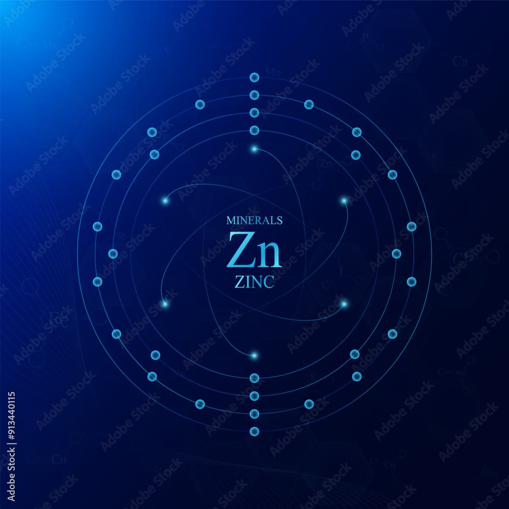 Molecular model atom chemical structure of zinc minerals. On dark blue ...