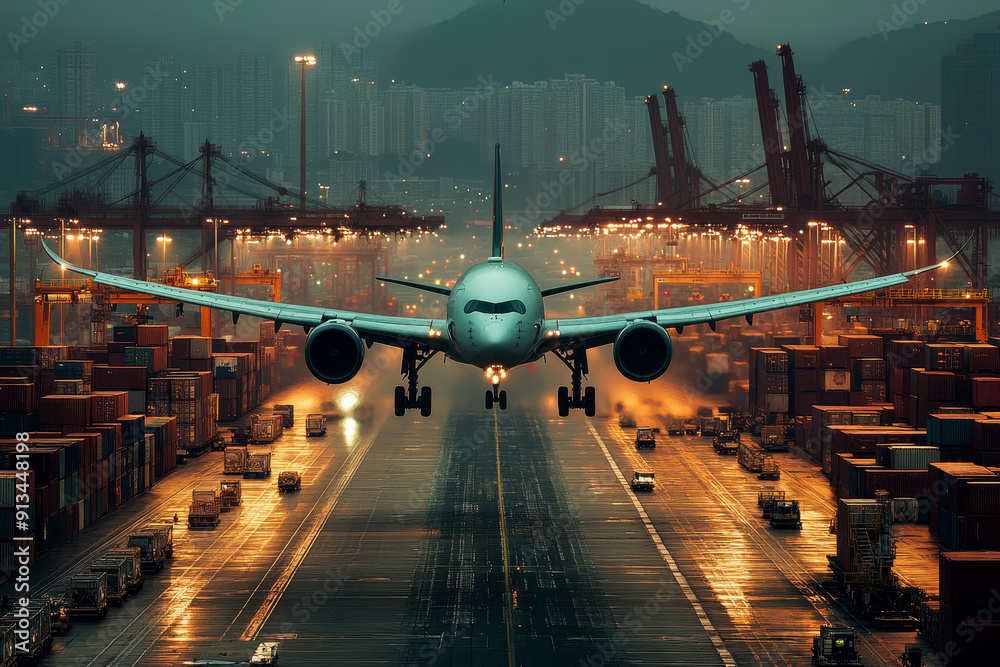 Cargo plane flying over a container ship in an international import and ...