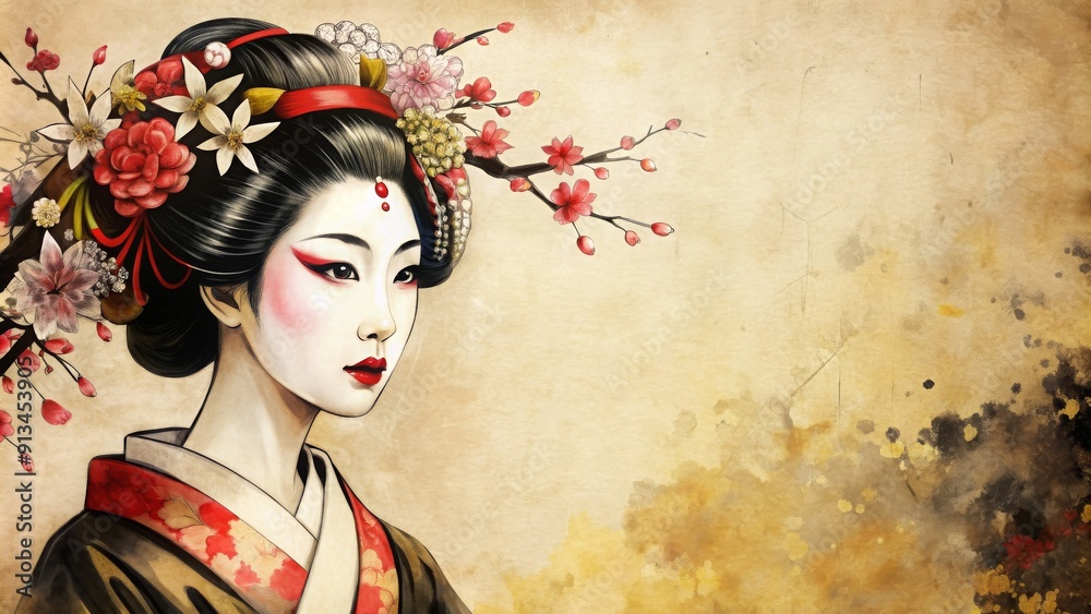 Abstract ink drawing of a geisha in Japanese style art, geisha ...