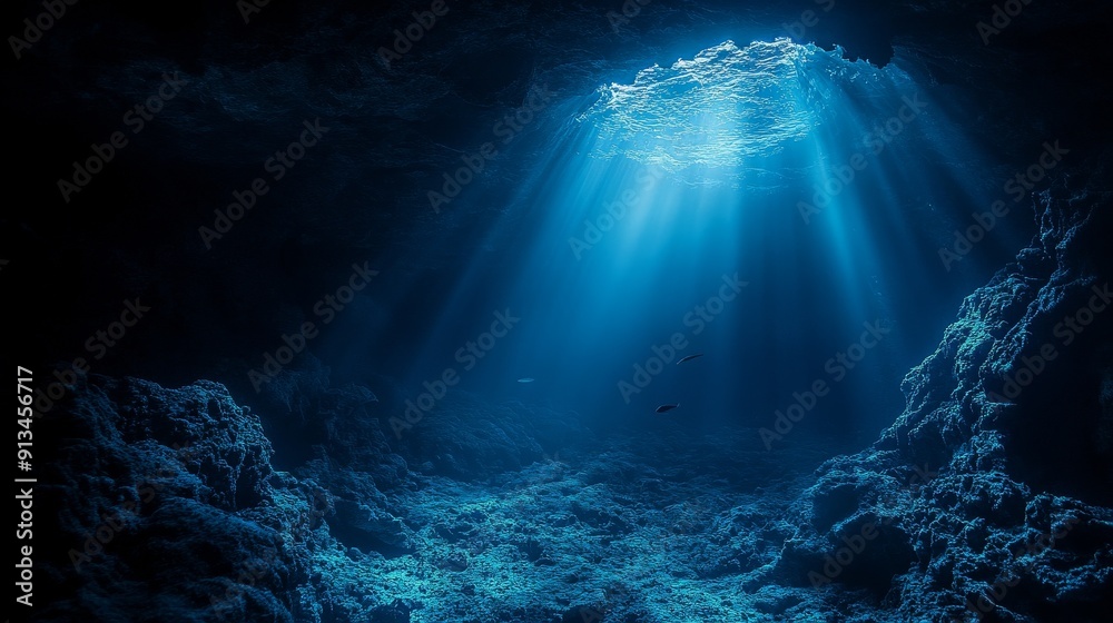 Mysterious Deep Sea Scene Featuring Dark Waters with Blue Light ...