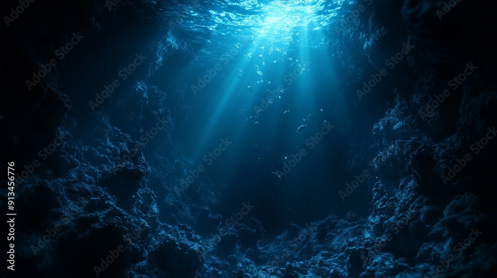 Mysterious Deep Sea Scene Featuring Dark Waters with Blue Light ...