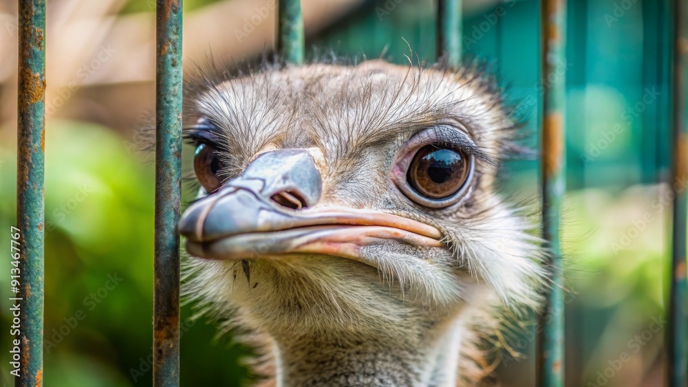 Portrait of an ostrich looking out from behind bars in a cage, ostrich ...