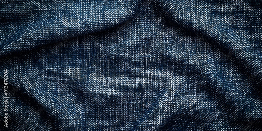 Close-up of a dark blue denim fabric texture from above, highlighting ...