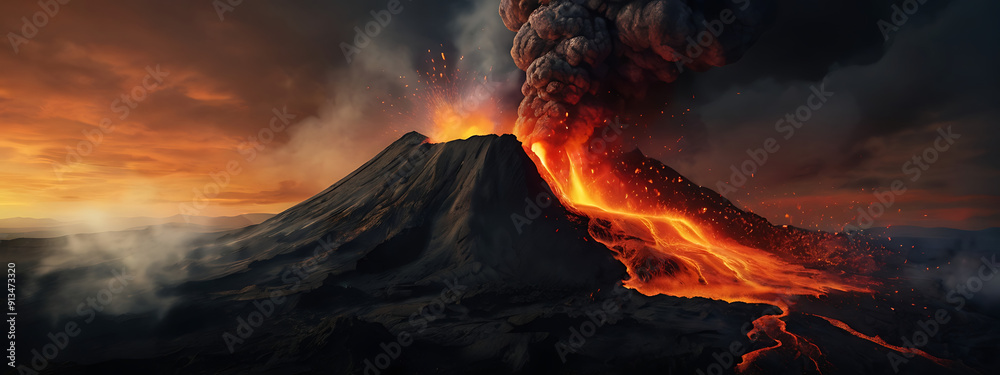 Artistic Representation of a Volcanic Eruption with Lava Flowing Down the Sides of the Volcano ...