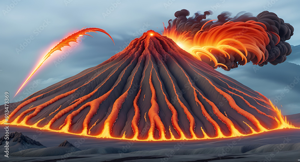 Artistic Representation of a Volcanic Eruption with Lava Flowing Down the Sides of the Volcano ...