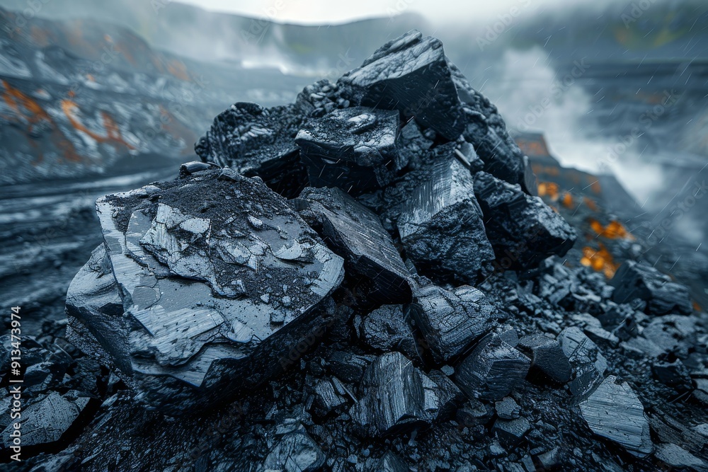Massive excavator loading rocks into heavy mining truck in open pit ...