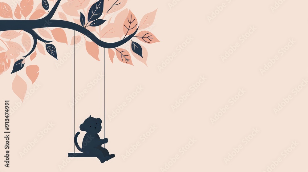 Minimalist monkey vine swing, 2D vector, clean and basic illustration ...
