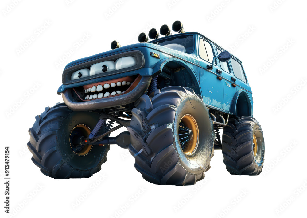 A cartoon monster truck with a big smile on its face. The monster truck ...