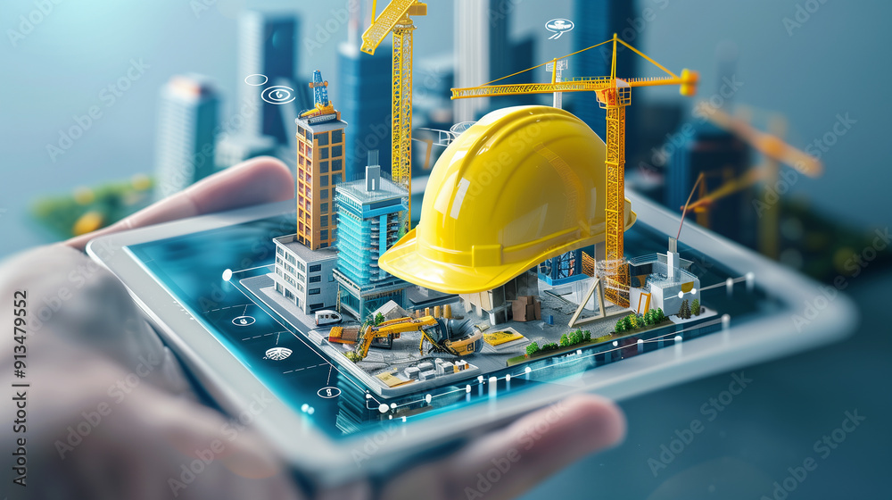 Digital Model of Construction Site with Crane and Hard Hat Stock ...