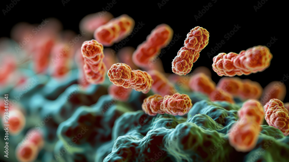 A bunch of red bacteria are floating in the air. The bacteria are small ...