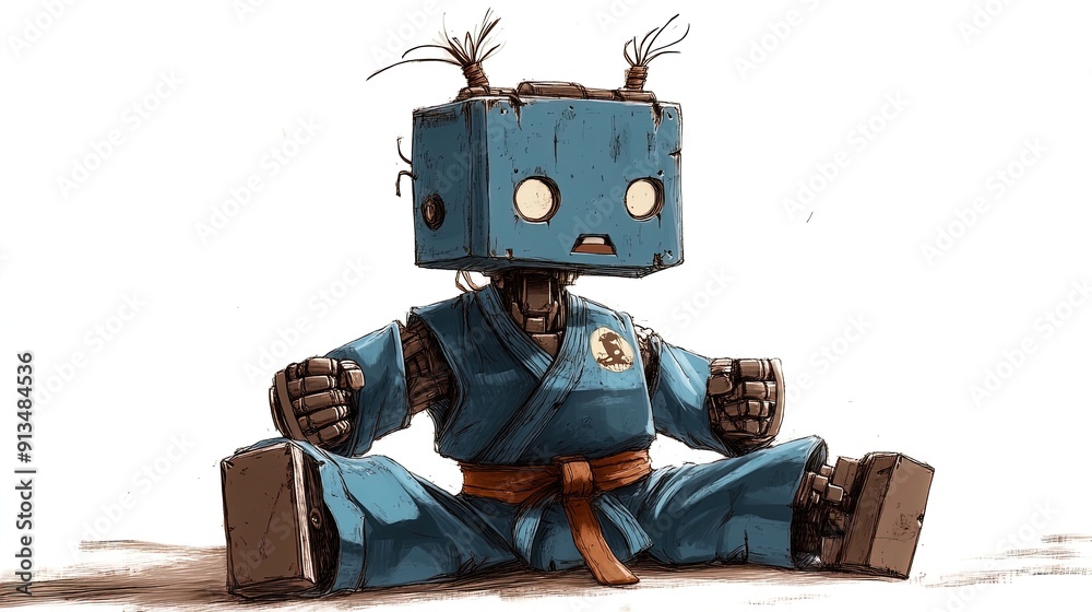 Determined Cartoon Robot in Blue Karate Gi: A Whimsical Illustration ...