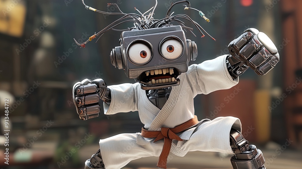 Unleash the Power: Cartoon Robot in Karate Gi Executes Epic Kick ...