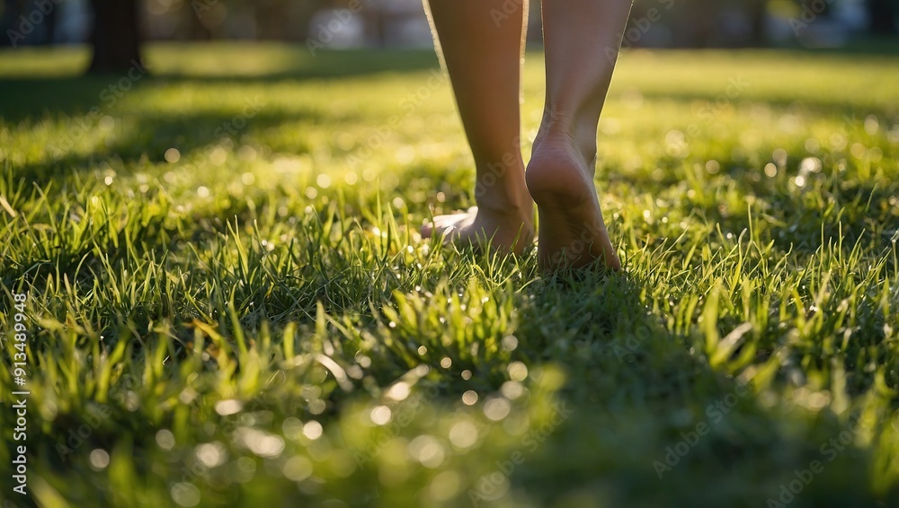 Barefoot woman's feet walking on garden green grass in the park ...