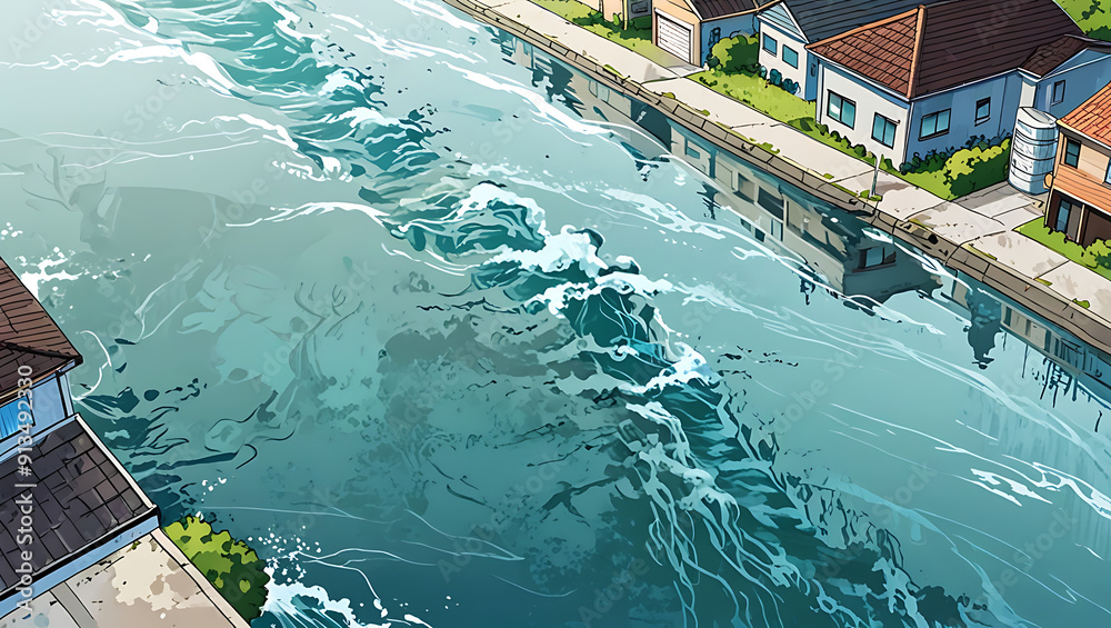 ภาพประกอบสต็อก Detailed Illustration of a Flooded Area with Rising ...