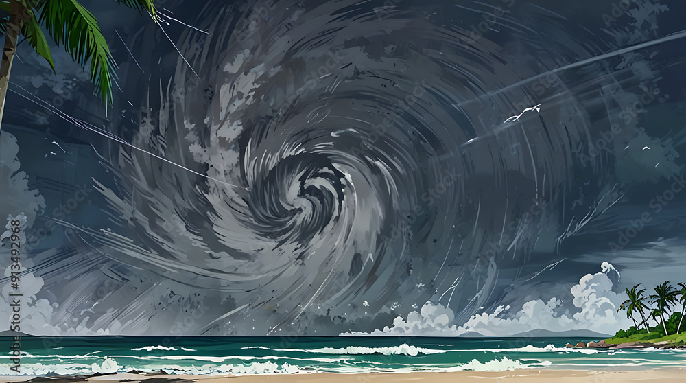 Illustration of a Hurricane Making Landfall with Wind and Rain Effects ...