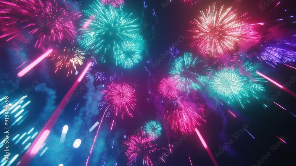 New Year fireworks display with a retro 80s twist, neon colors lighting ...