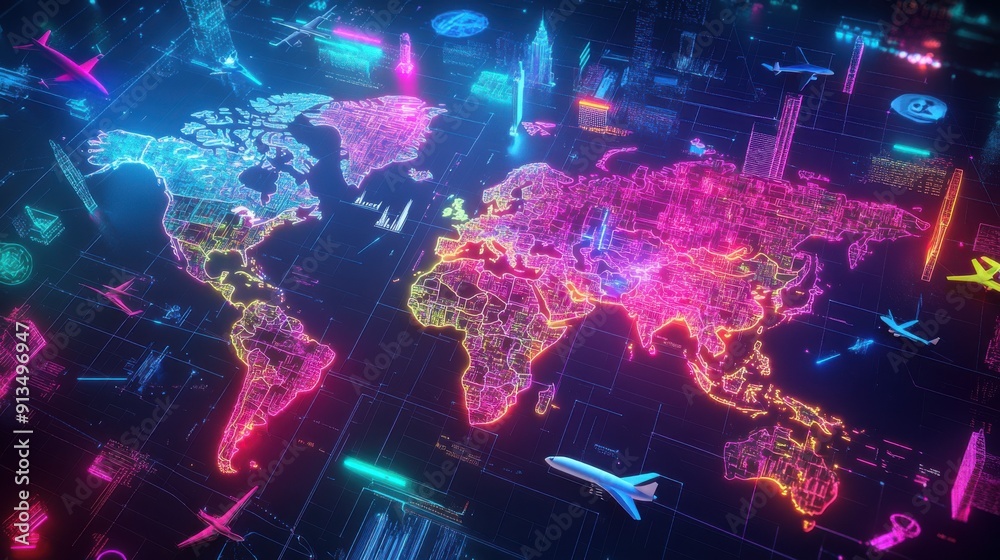A futuristic neon-lit world map with major cities highlighted in bright ...