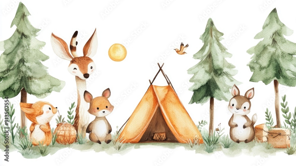 Whimsical watercolor depicting a cozy camping scene with forest animals ...