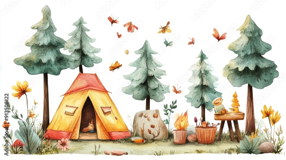 Whimsical watercolor of a camping scene with children playing and ...