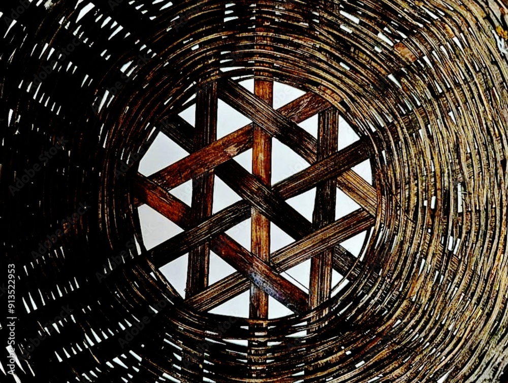 In the picture is a basket woven from bamboo in a pattern of ...