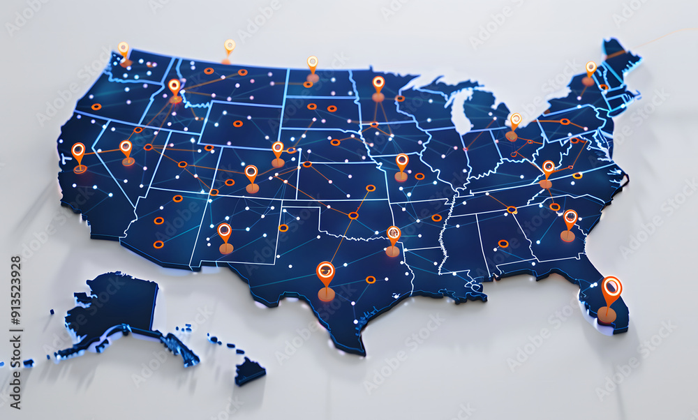 A high-tech, illuminated 3D map of the United States, showcasing ...