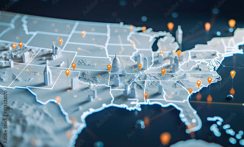 A high-tech, illuminated 3D map of the United States, showcasing ...