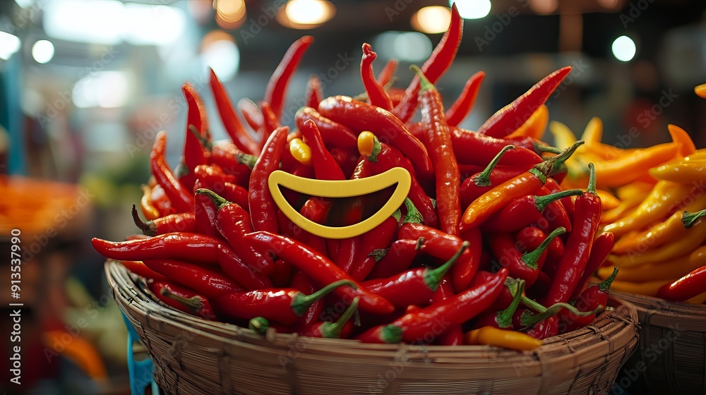 Hot chili peppers arranged in a smiley-face pattern. The vibrant red ...