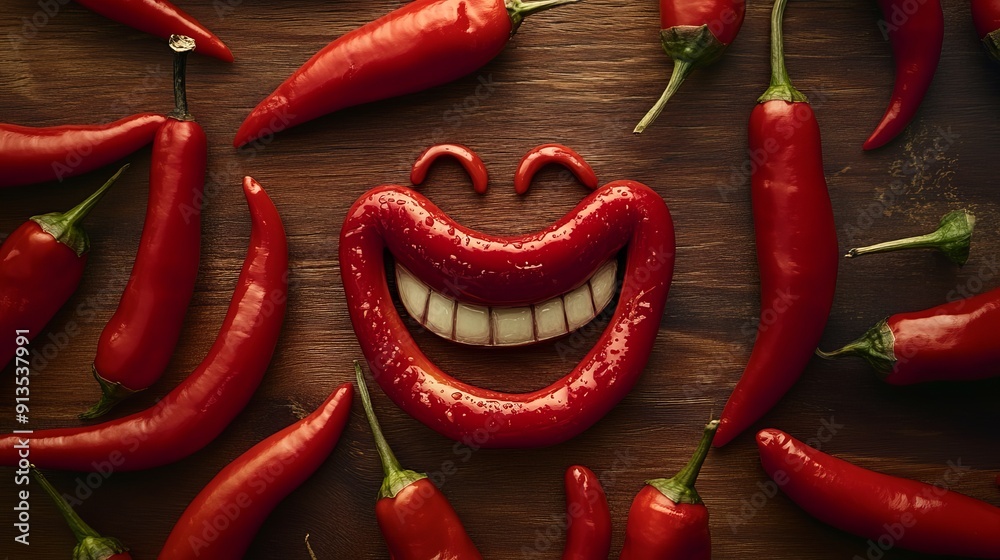 Hot chili peppers arranged in a smiley-face pattern. The vibrant red ...