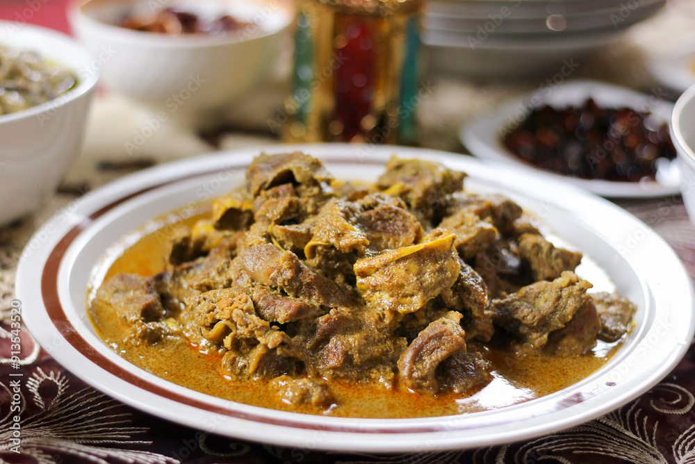 Selective focus of Rendang is traditional food from Minang Tribe, West ...