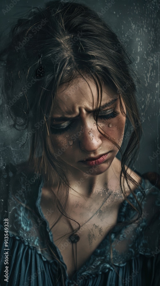 Woman in full-length, deeply sad, her eyes brimming with tears, set ...